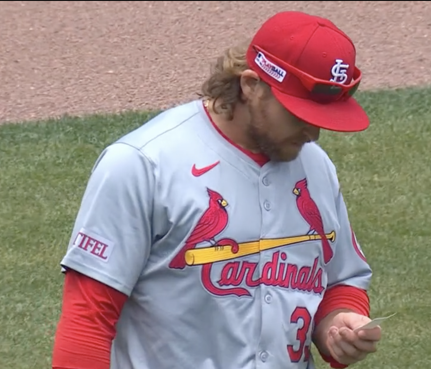 Cardinals wear MLB Play Ball patch on cap – Cardinals Uniforms & Logos