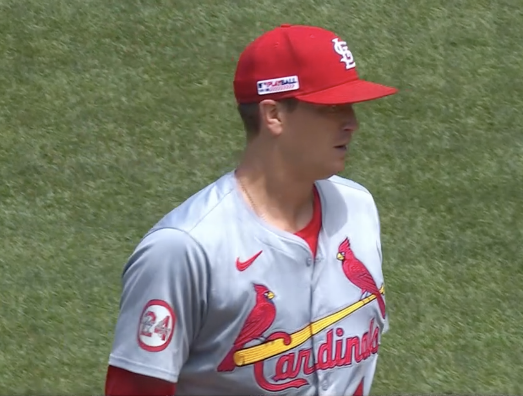 Cardinals wear MLB Play Ball patch on cap – Cardinals Uniforms & Logos